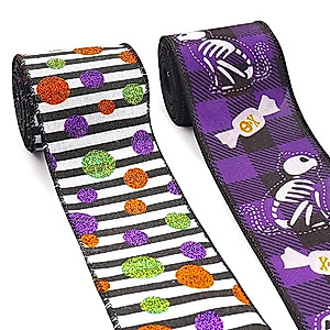 Threetols 2 Rolls 10 Yards Halloween Wired Edge Ribbon, 2.5inch Black Purple Buffalo Plaid Ribbon, Candy Skull Black White Stripe Glitter Dot Ribbon for Halloween Party DIY Craft Wreath Decor