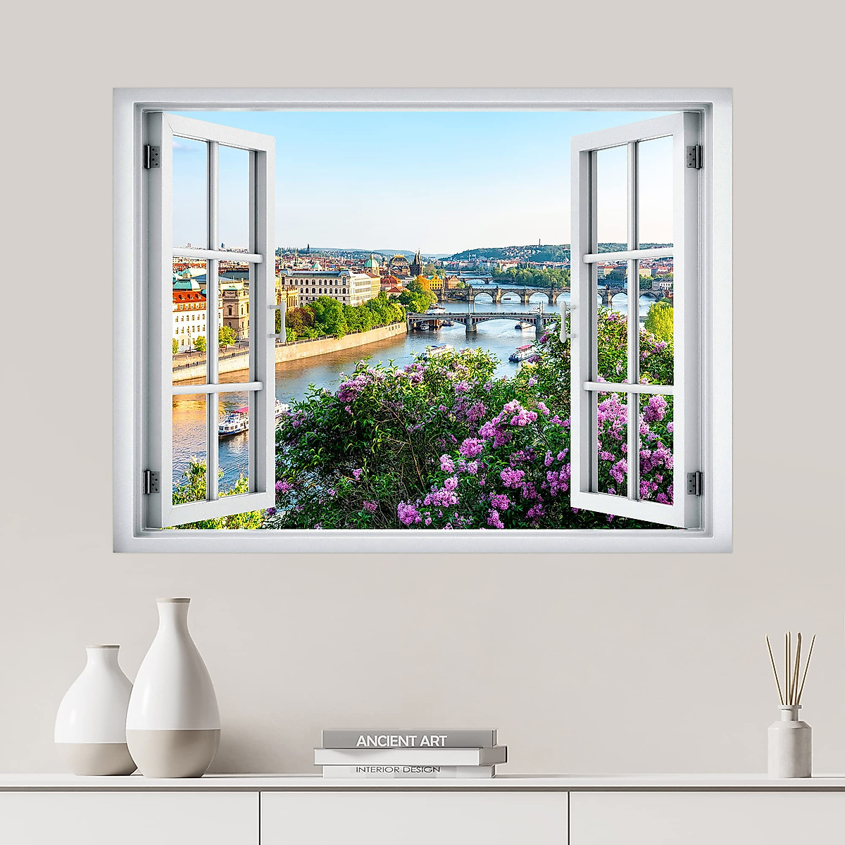 SIGNWIN Removable Wall Sticker/Wall Mural Window View Italian Flower Field Cityscape Nature Wilderness Photography Realism Decorative Landscape Digital Art for Living Room, Bedroom, Office - 24"x32"