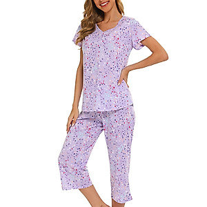 ENJOYNIGHT Women's Pajama Sets Cotton Sleepwear Tops with Capri Pants Summer Pjs (PU, X-Large)