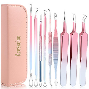 Kresecioo 9 PCS Blackhead Remover Tools, Pimple Popper Tool Kit, Acne Tools Extractor Kit Professional for Nose Face, Blemish Whitehead Zit Popping Tool with Portable Leather Bag(Pink)