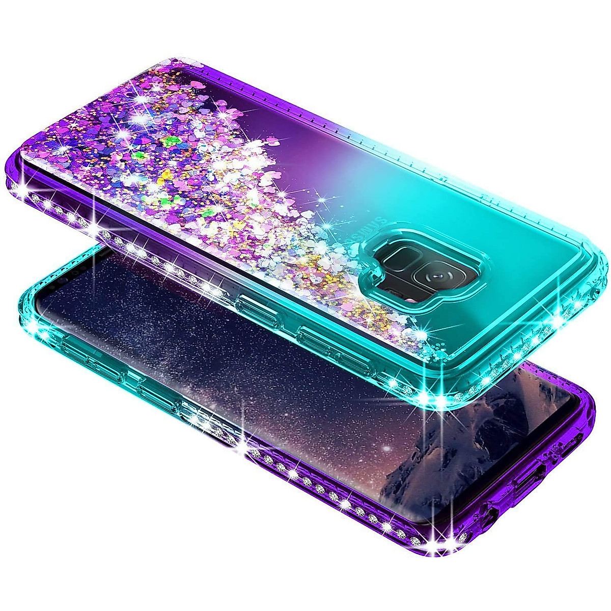 E-Began Case for Samsung Galaxy S9 with Screen Protector (Maximum Coverage, Flexible TPU Film), Ring Holder/Wrist Strap, Glitter Flowing Liquid Girls Women Kids Cute Case (Aqua/Purple)