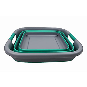 SAMMART Collapsible Plastic Laundry Basket with Wheels 39L (10.3 Gallons) -Foldable Pop Up Storage Container for Laundry, Camping & Home (1, Dark Grey/Bluish-Green)