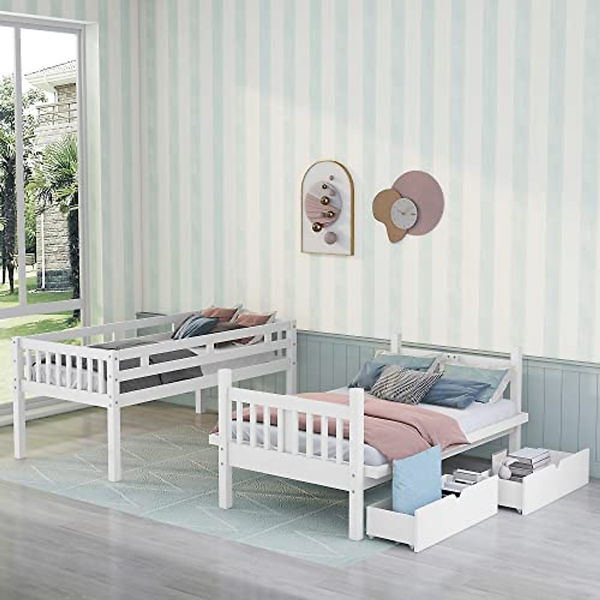 Harper & Bright Designs Twin Over Full Bunk Beds with Storage Stairs, Wood Detachable Bunk Beds with 2 Storage Drawers,and The Down Bed can be Converted into Daybed, White
