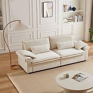Sivoey 3 Seater Sofa with Deep Seat, 94" Mid Century Modern Upholstered Sofa with Armrests, Tools-Free Assemble, Comfy Chenille Beige Loveseat Couches for Living Room, Bedroom, Apartment and Office