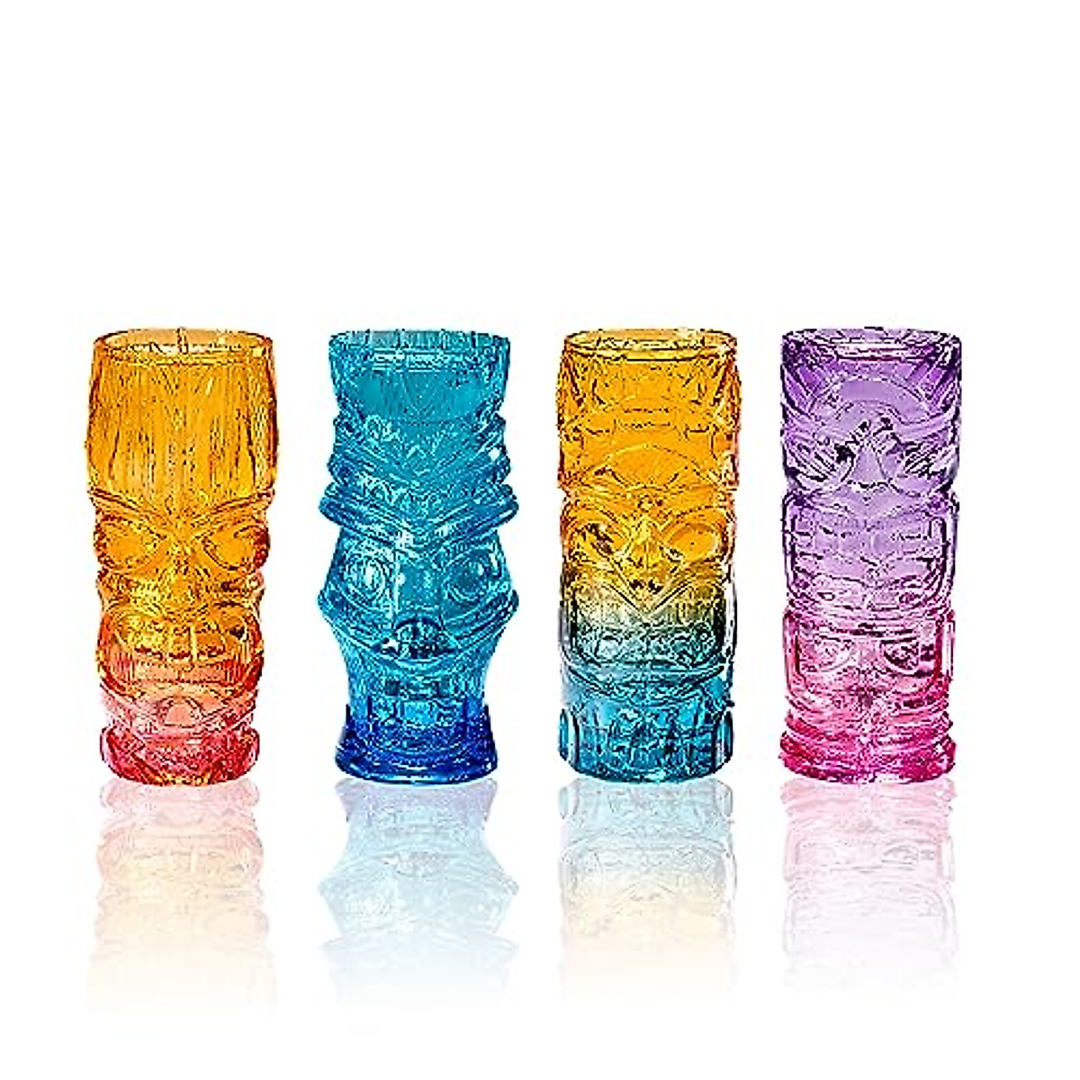 Burns Glass Set of 4 Colored Tiki Glasses - Perfect Tropical Cocktail Tiki Glassware for Tiki Bar, Island Parties, and Gifts for Tiki Lovers