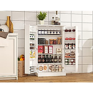 Yusong Kitchen Pantry Storage Cabinet Cupboard with Doors and 6 Adjustable Shelves for Small Space, Farmhouse Pantries Organization Cabinet for Dining Room, Living Room, White