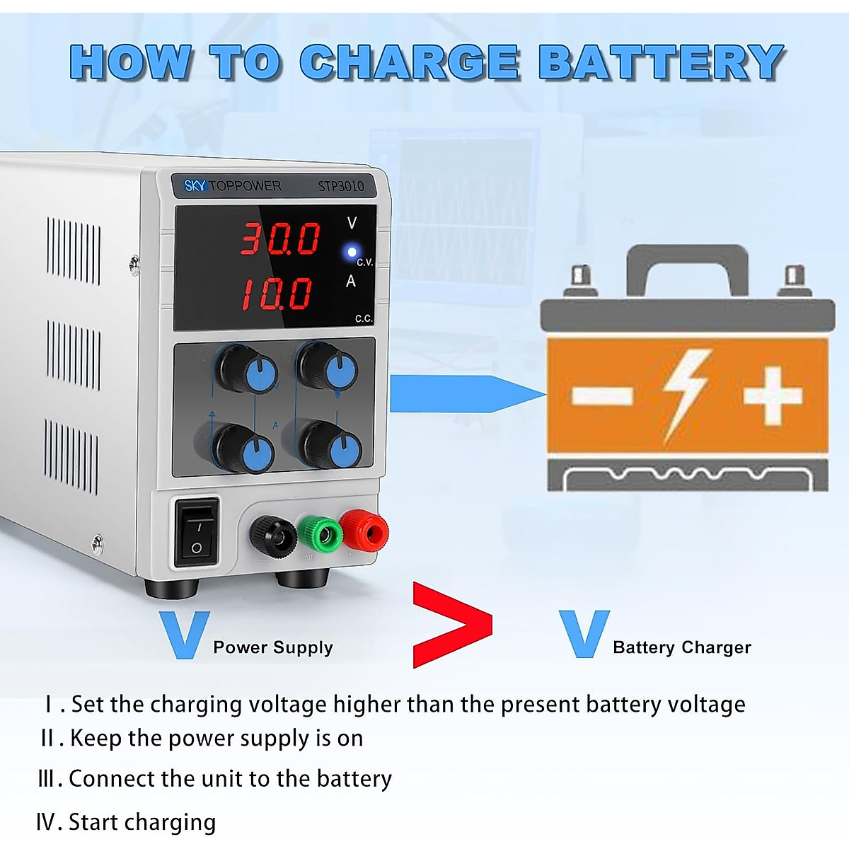 DC Power Supply Variable,30V 10A Bench Power Supply Electroforming,Adjustable Regulated Power with 3 Digit Display for Laboratory,Test Faulty Motor,Mobile Phone Repair,DIY,SKY TOPPOWER STP3010