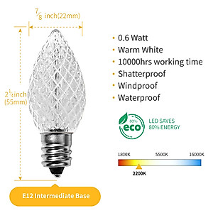 Meconard C7 Led Replacement Christmas Light Bulbs, C7 Shatterproof Led Bulbs for Christmas Indoor Outdoor String Lights, E12 Candelabra Base, Commercial Grade Holiday Bulbs, Warm White, 25 Pack