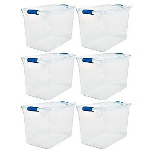 HOMZ Heavy Duty Modular Clear Plastic Stackable Storage Tote Containers with Latching and Locking Lids, 112 Quart Capacity, 6 Pack