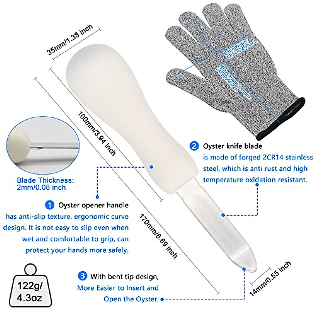 Oyster Shucking Knife, FRYOOGG Oyster Knife Oyster Knife Shucker Set With 5-level Protection Food Grade Oyster Shucking Knife Glove(L), Oyster Shucker Knife, Oyster Shucker, Oyster Shucking Kit(White)