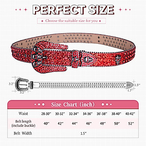 TINIDI Western Men Women Rhinestone Belts Bling Crystal Skulls Studded Diamond Leather Belt For Pants Jeans (42: fits waist from 30"-32", Red)