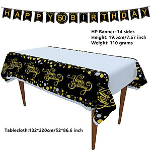 Mocossmy 50th Birthday Party Supplies and Decorations Kits - Black Gold Paper Plates&Cups,Napkins,Straws,Cutlery,Tablecloth,Happy Birthday Banner,Balloons for Women Men Birthday Party Favors,Serves 16