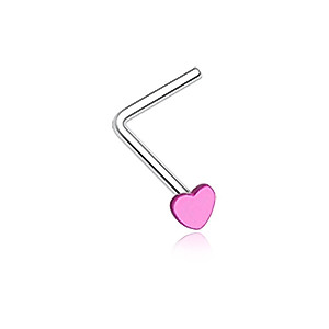 Freedom Fashion Vibrant Enamel Heart L-Shaped 316L Surgical Steel Nose Stud Ring (Sold Individually) (20 GA, 9/32", Pink)