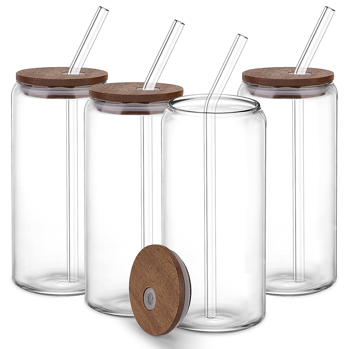 20 OZ Glass Cups with Acacia Lids and Glass Straws - 4pcs Set Beer Can Shaped Drinking Glasses, Iced Coffee Glasses, Cute Tumbler Cup for Smoothies, Juices, Boba Tea, Water - Cleaning Brush Included
