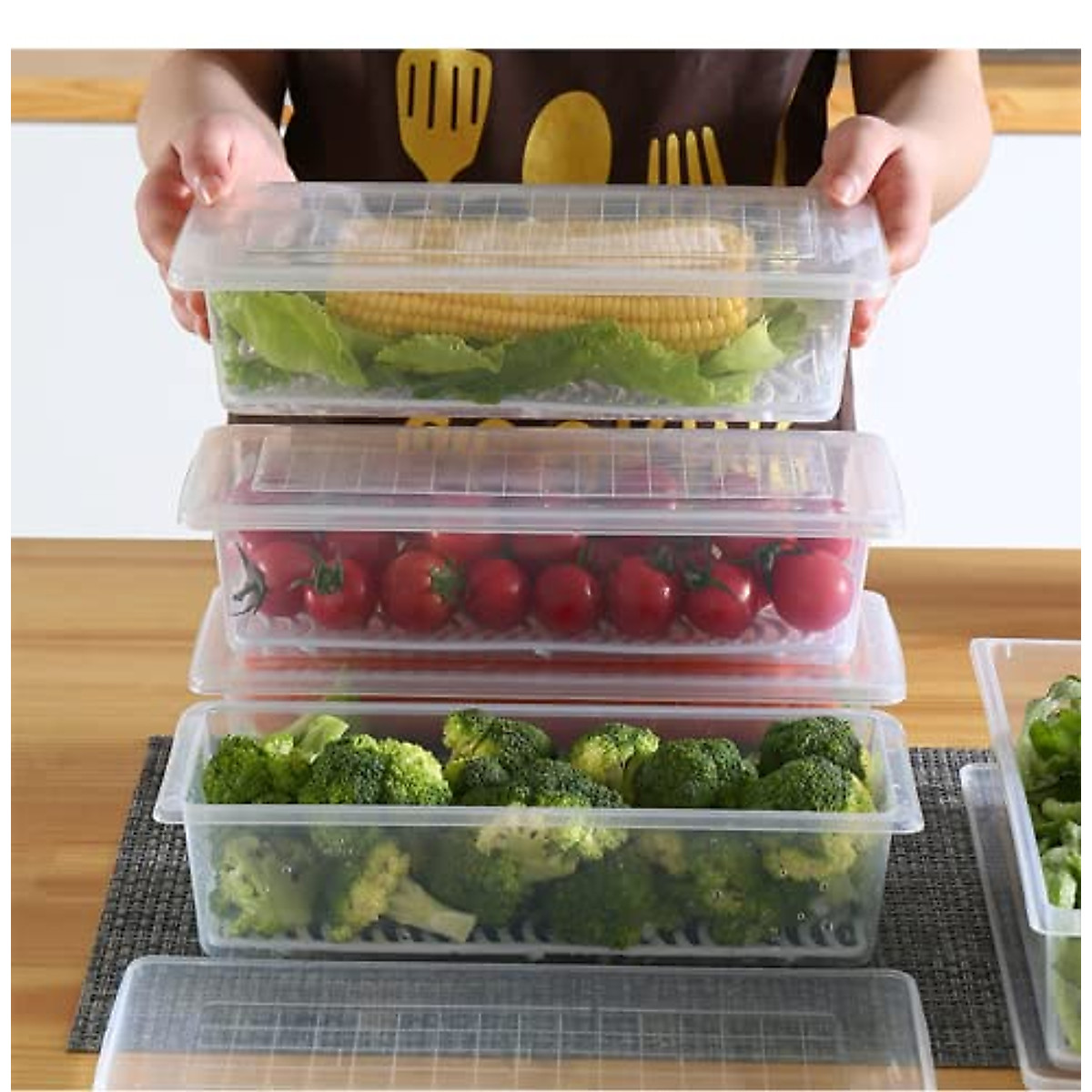 ninesung 8 Pieces Food Containers Storage For Fridge,1.5L Plastic Food Storage Containers With Removable Drain Plate and Lids, Refrigerator Organizer Bins Fruit Storage Containers For Fridge Storage