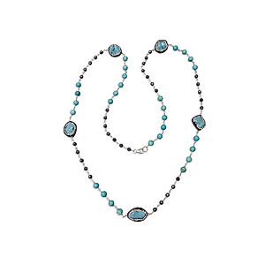 MGR MY GEMS ROCK! Hand Crafted Natural Gemstone Turquoise Color Baroque Turquoise Druzy and Hematite Wire Wrapped and Wire Twisted Long or Double Strand Station Necklace for Women or Men, 33" long.