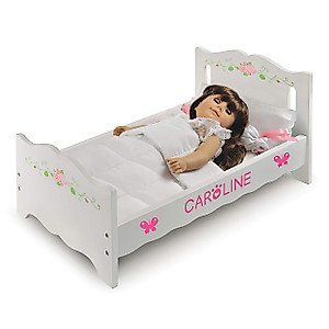 Badger Basket Toy Doll Bed with White Bedding and Personalization Kit for 20 inch Dolls - White Rose