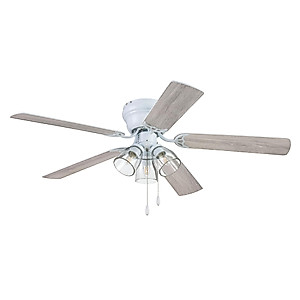 Portage Bay Ceiling 52" Renton White Indoor Fan with Clear 3 Light LED Multi Arm E26/B11 Bulb and Pull-Chains, Traditional Style, 5 Reversible Gray Oak Blades, 51441, 52 Inch