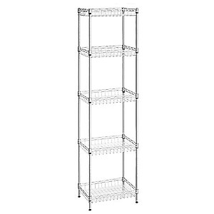 SONGMICS Metal Storage Shelves, 5-Tier Wire Shelving Unit, Kitchen Rack, Adjustable Shelves, 4 Hooks, Shelf Liners, 11.8 x 15.7 x 59.1 Inches, Total Load Capacity 220 lb, for Garage, Silver ULGR105E01