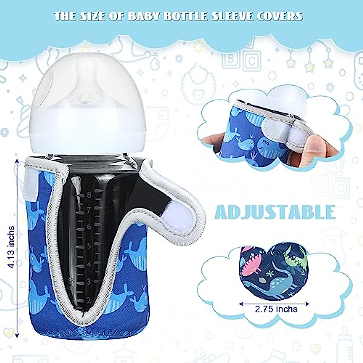Irenare 6 Pieces 8 oz Glass Baby Bottles Sleeve Covers Bulk Neoprene Adjustable Newborn Feeding Bottles Sleeve Heat Cold Retention Sleeve for Nursing Bottle (Shark, Whale, Dinosaur)