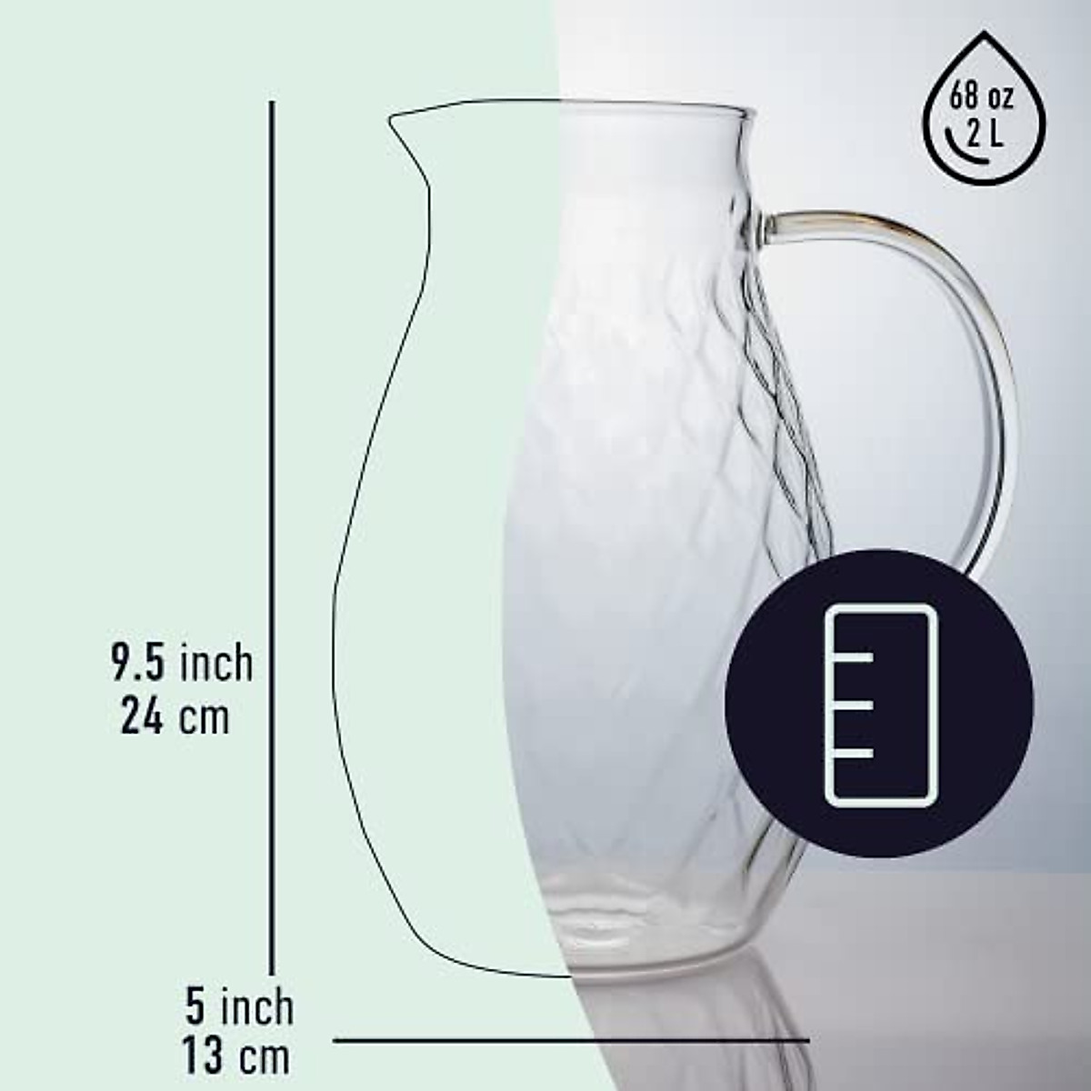 Borosilicate Glass Pitcher with Lid and Spout - 68 Ounces Cold and Hot Water Carafe with Unique Diamond Pattern, Beverage Pitcher for Homemade Iced Tea and Juice.
