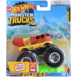 DieCast Hot Wheels Monster Trucks Oscar Mayer Hot Dog, 1:64 Scale Truck 8/75 Plus Connect and Crash car