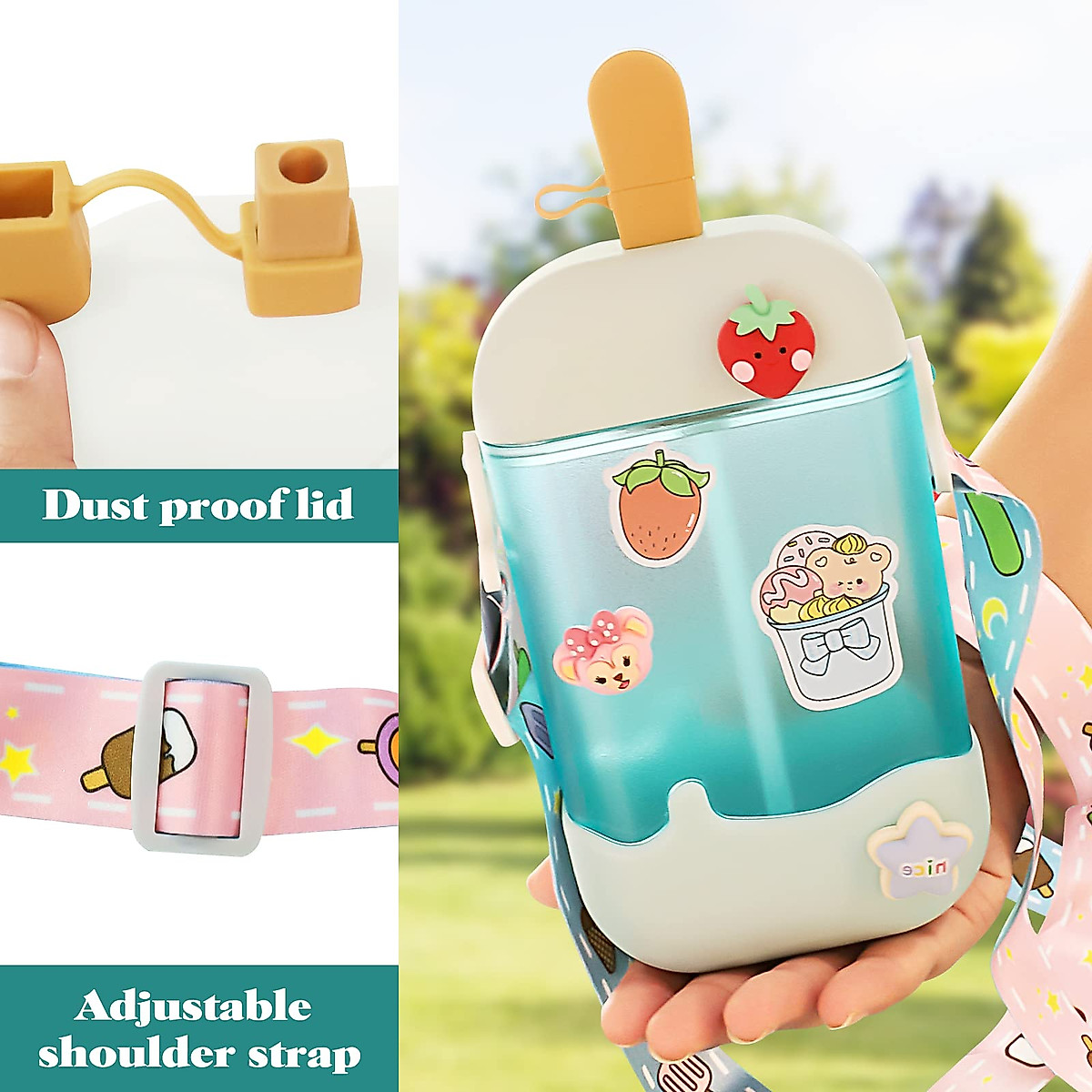MooLamps Ice Cream Popsicle Cups,Juice Drinking Cups Cute 3D sticker Ice Cream Bar Water Bottles with BPA-Free Straws Adjustable Shoulder Strap for Boys Girls Adult Sports Bottles