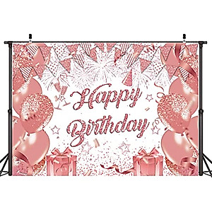 Wollmix Rose Gold Happy Birthday Decorations for Women Banner Backdrop 7x5ft Party Sweet 16 Girls Balloons Glitter Dots Photography Background Supplies Photo Booth Studio Cake Table