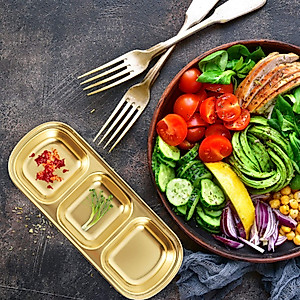 DOITOOL 2Pcs Stainless Steel Dipping Sauce Dishes, 3 Compartment Soy Sauce Dipping Bowls, Sushi Dipping Bowl Appetizer Plates Serving Dish for Soy Sauce, Ketchup, BBQ Sauce or Seasoning (Gold)