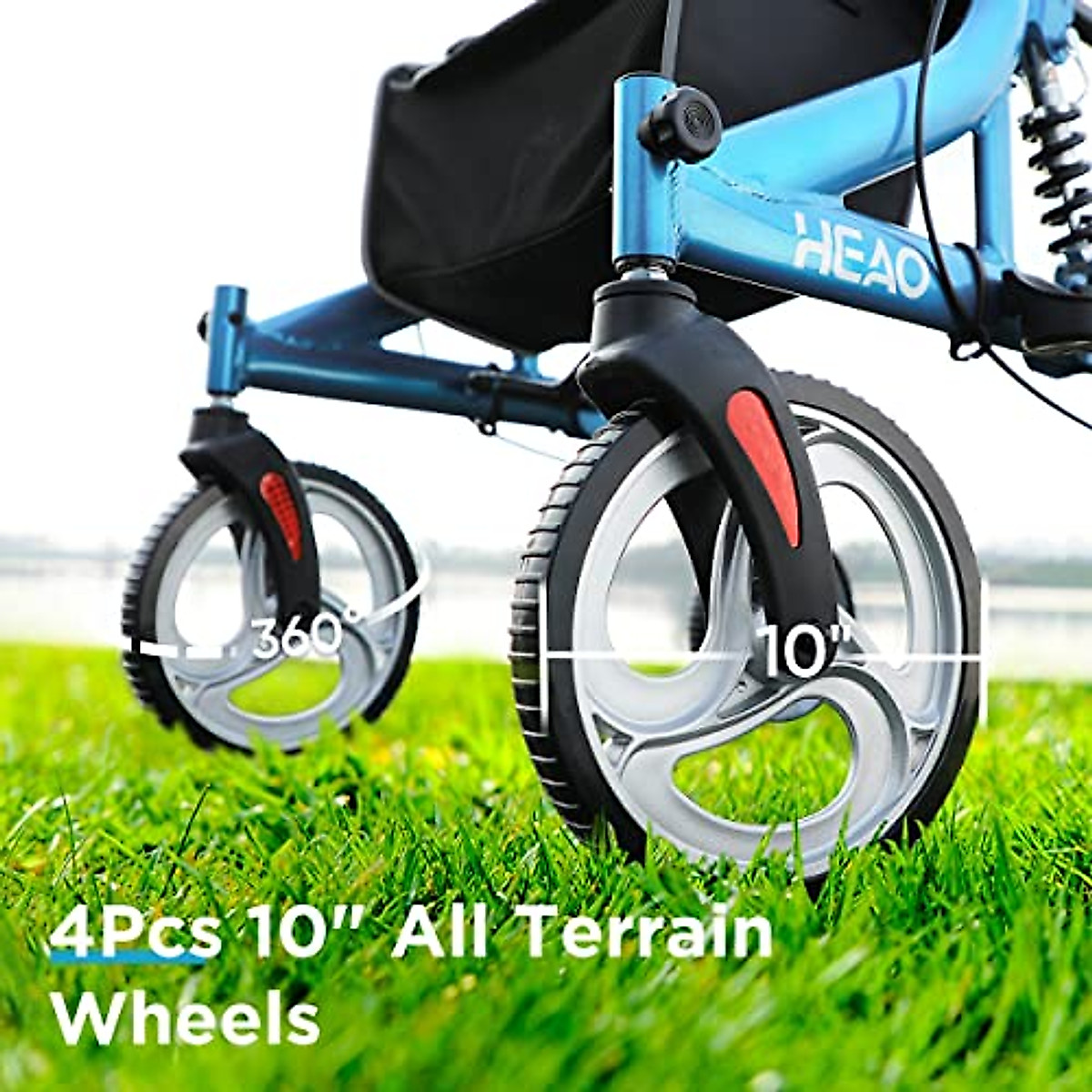 HEAO Rollator Walker with Seat for Seniors,4 x 10" Wheels Upright Walker with Shock Absorber,Padded Backrest and One-Hand Folding Design,Lightweight Mobility Walking Aid with Handle to Stand up,Blue