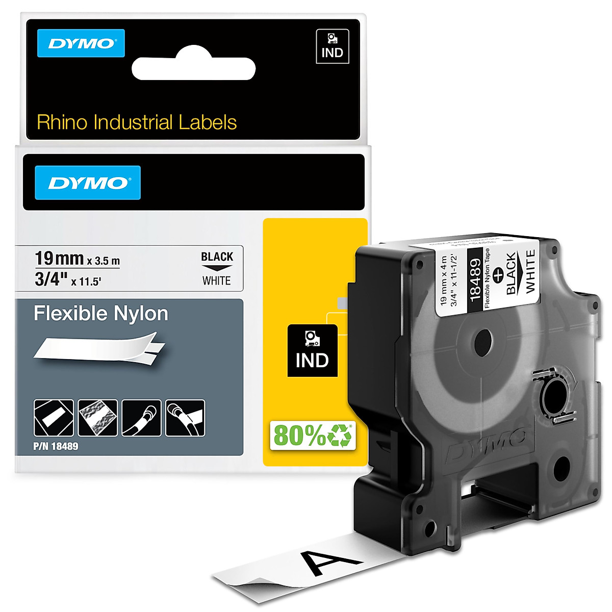 DYMO Industrial Flexible Nylon Labels, 3/4", Black on White, 18489, DYMO Authentic