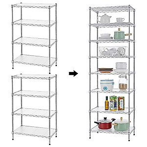 Finnhomy 8-Tier Wire Shelving Unit, Adjustable Pantry Shelves, 8 Shelves Metal Shelving for Storage, Wire Storage Racks or Two 4-Tier Shelving Units with 8 Pieces of PE mat, NSF Certified, Chrome