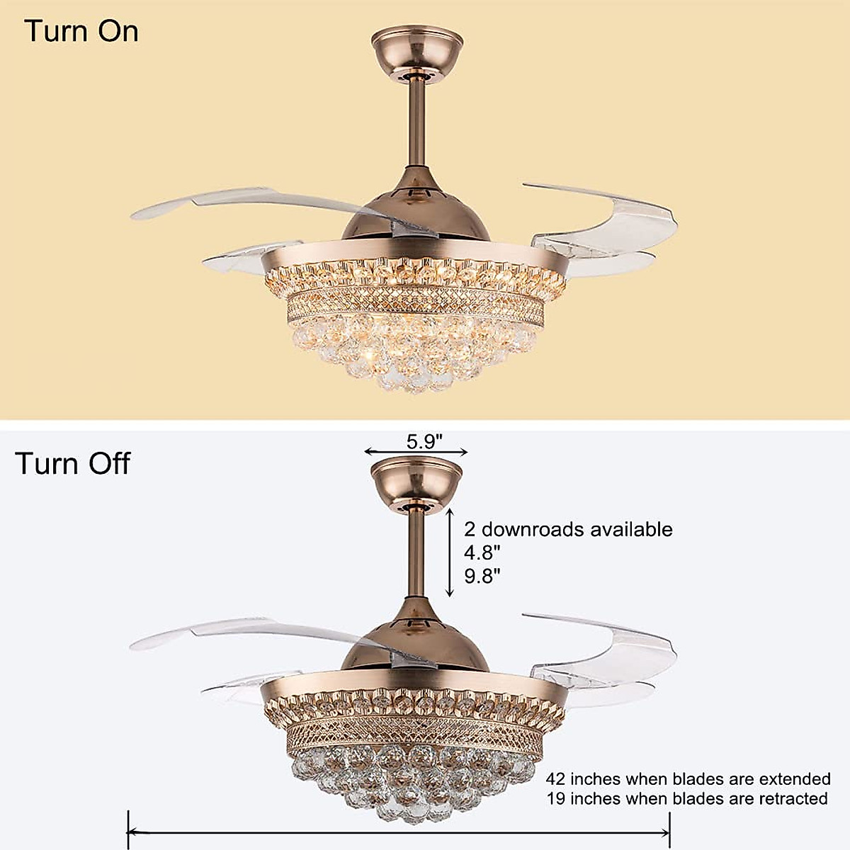 Gdrasuya10 42 Inch Crystal Ceiling Fan with Remote Control, Retractable Invisible Blades, LED Dimmable Chandelier 3 Speed 3 Color Pendant for Bedroom Living Room