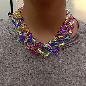 Kercisbeauty Pink Acrylic Miami Cuban Link Chain Choker for Women Rainbow Punk Chunky Resin Link Necklace for Party (Rainbow-2)