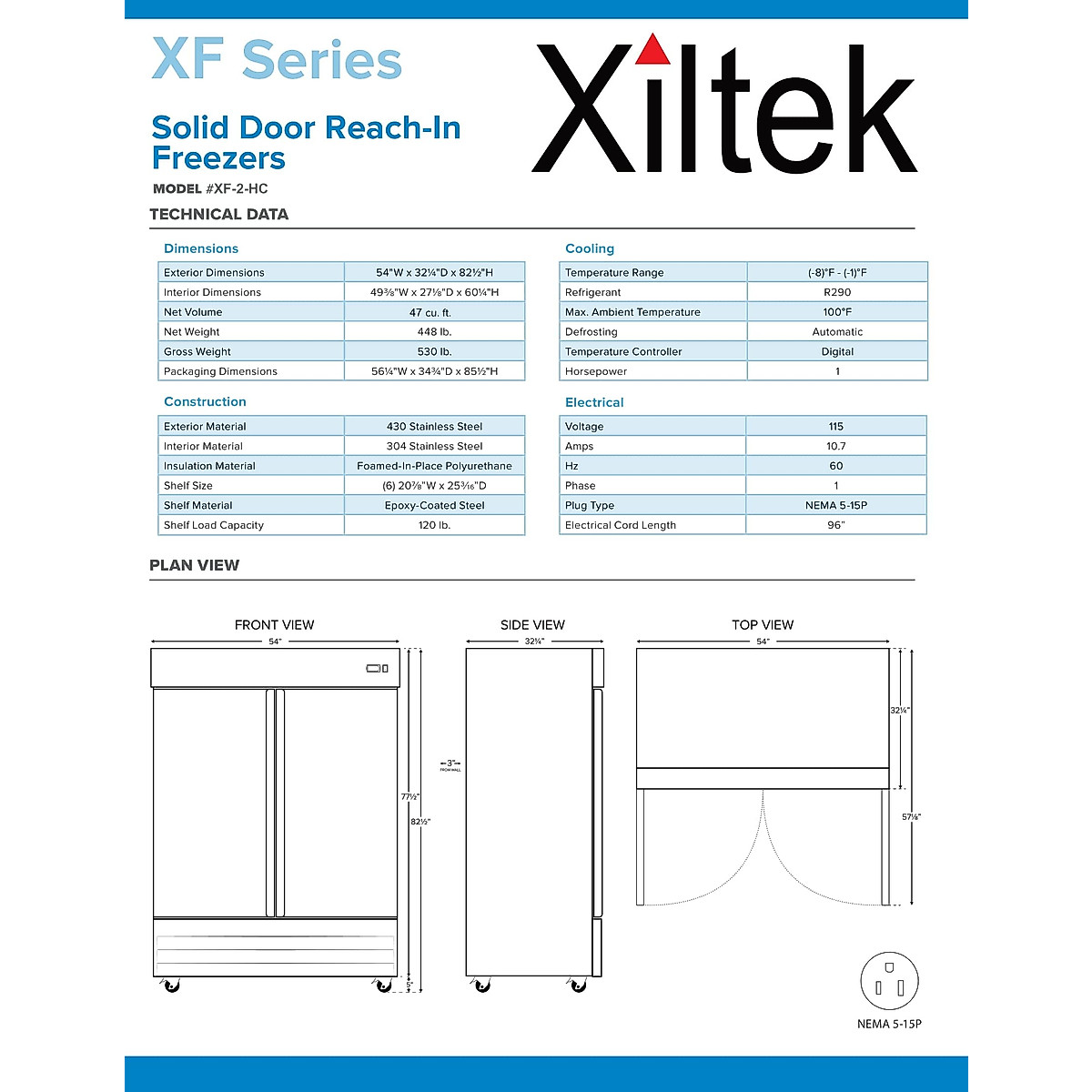 Xiltek 54" Two Solid Door Reach In Commercial Freezer Stainless Interior 47 cu.ft