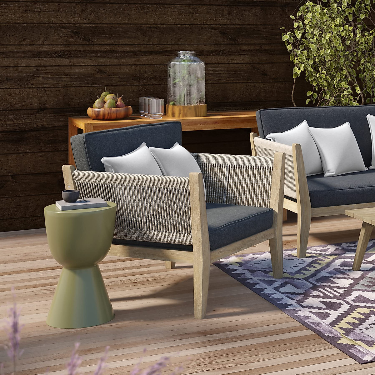 SIMPLIHOME Cayman 35 Inch Wide Contemporary Outdoor Conversation Chair with Décor Pillows in Slate Grey Polyester Fabric, For the Living Room and Family Room