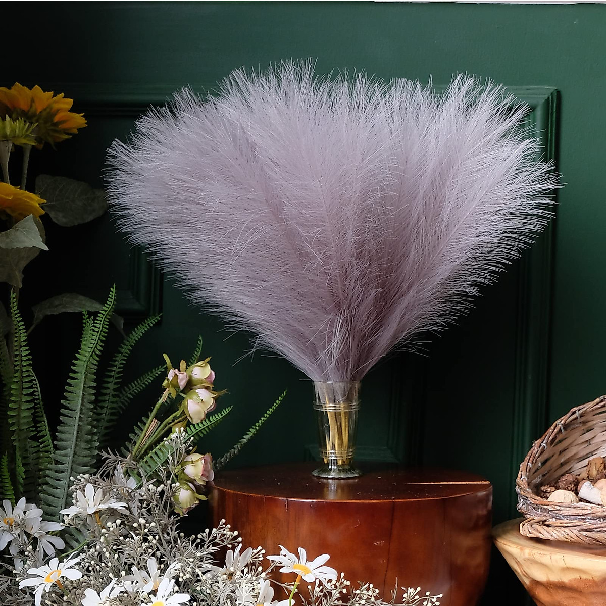 Faux Pampas Grass 6 Stems Small Artificial Pampas Grass 18'' No-Shedding Short Fake Pampas Grass Pompass Fluffy Plants Boho Decor for Centrepiece Living Room Home Office Wedding, No Vase (Grey)