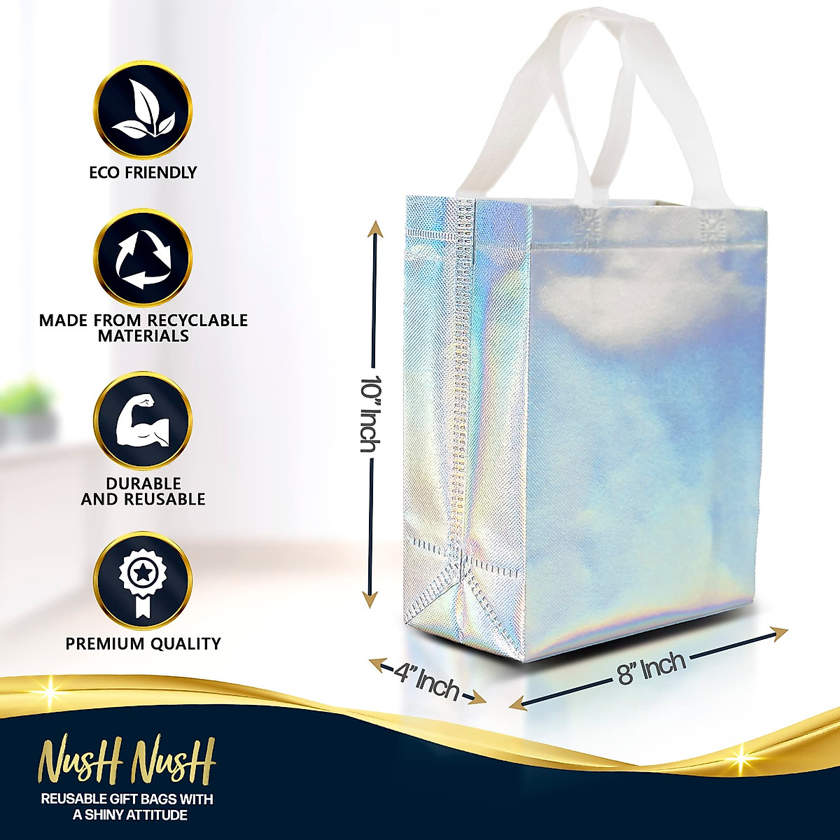 Nush Nush Iridescent Gift Bags Medium Size – Set of 12 Stunning Reusable Holographic Gift Bags With White Handles - Perfect As Goodie Bags, Birthday Gift Bags, Party Favor Bags – 8Wx4Dx10H Size
