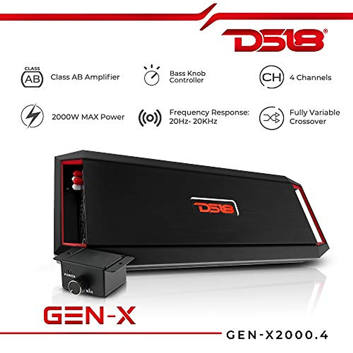 DS18 GEN-X2000.4 Car Audio Amplifier 4-Channel Class A/B 2000 Watts Max Multichannel Amp - Bass Remote Knob Included - Lightweight Design - High Efficiency Rate