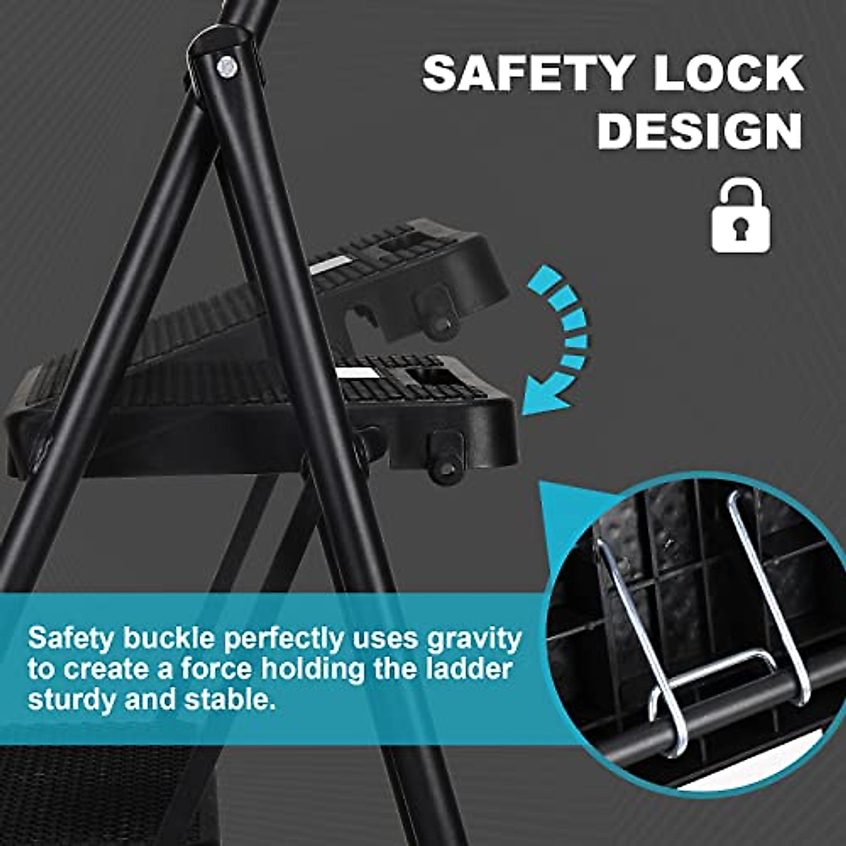 HBTower 4 Step Ladder with Handrails, Folding Step Stool with Attachable Tool Bag & Anti-Slip Wide Pedal for Home Kitchen Pantry Office, 330lbs Capacity Black