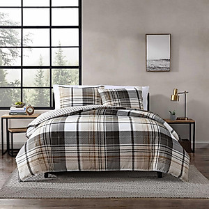 Eddie Bauer - King Duvet Cover Set, Reversible Microsuede Bedding Set with Matching Shams, Casual Home Decor (Normandy Plaid Black, King)