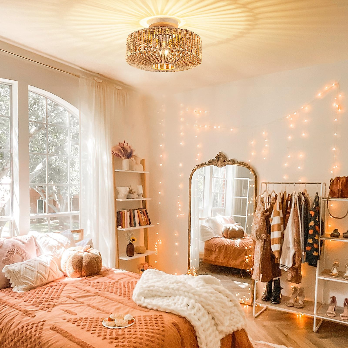 Zswanbei Boho Light Fixtures Ceiling Mount Boho Rattan Ceiling Light Flush Mount Mini Chandelier Woven Ceiling Light Fixture for Bedroom Hallway Entryway Bathroom Nursery