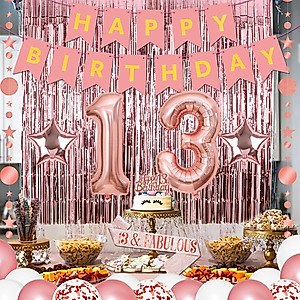 Yawagor 29 Pieces Rose Gold 13th Birthday Decorations for Girls, Happy Birthday Decor Set-13th Birthday Foil Balloons, Sash Fabulous, Cake Topper, Fringe Curtains Backdrop for Indoor Party Supplies