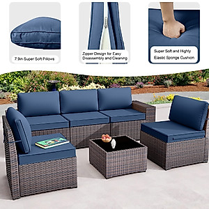 Piltwoff 6 Pieces Outdoor Furniture Patio Set,Modern All-Weather Wicker Patio Conversation Sets with 5 Black&Brown Chairs and Coffee Table, Cushion sets for Garden/Backyard/Balcony(Navy Blue)