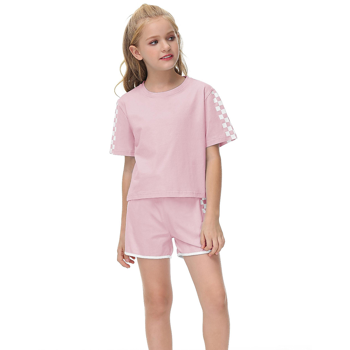 CNJFJ Cute Outfits For Girls 10-12 Years Old Plaid Shorts Sleeve Crop Tops And Shorts Sets