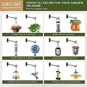 HOBITSTARX Heavy Duty Plant Hangers Outdoor- Hand-Forged Hanging Plant Brackets - 2 Pack 12 Inch Black Wrought Iron Wall Plant Hooks for Hanging Plants, Lanterns, Bird Feeders