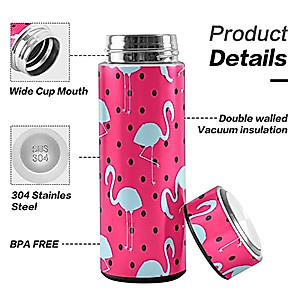 CaTaKu Black Dots Flamingo Water Bottle Insulated 16 oz Stainless Steel Flask Thermos Bottle for Coffee Water Drink Reusable Wide Mouth Vacuum Travel Mug