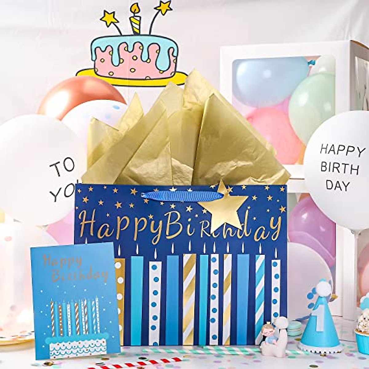 MAYPLUSS 16" Birthday Large Gift Bag with Greeting Card and Tissue Paper for Birhtday - Blue Gold Foil Candle Design