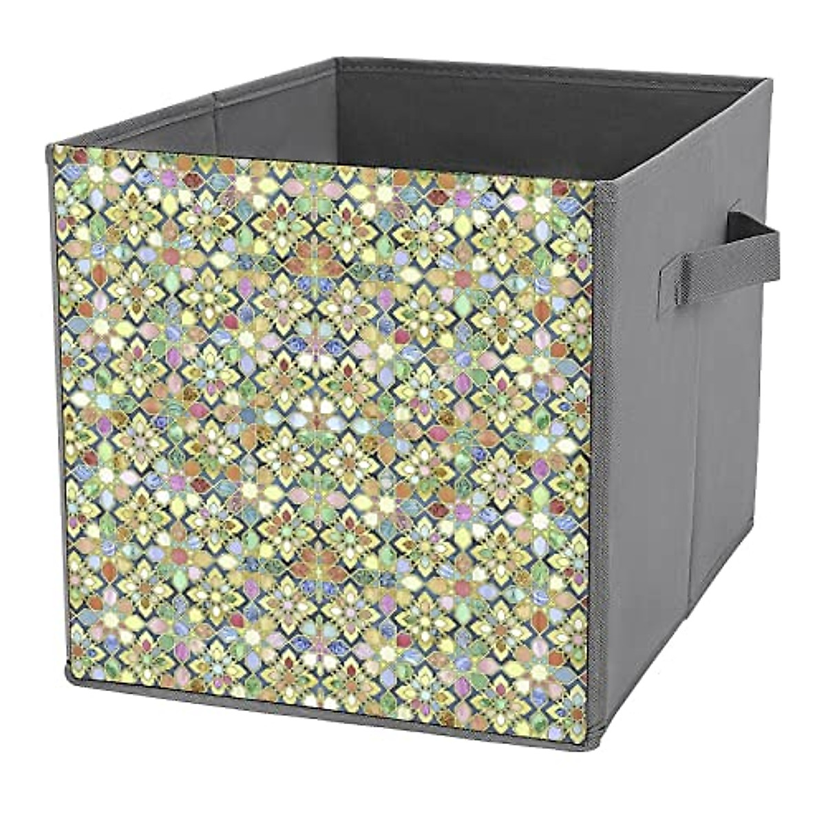 Gilded Moroccan Mosaic Tiles Foldable Storage Bins Printd Fabric Cube Baskets Boxes with Handles for Clothes Toys, 11x11x11