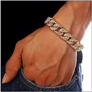 Aiyo Nice Mens Womens Cuban Link Bracelet Hip Hop Bracelet Gold Chain Bracelet Iced Out Curb Cuban 18k Gold Plated Bracelet With Clear Rhinestones (A-Gold-7.79in)